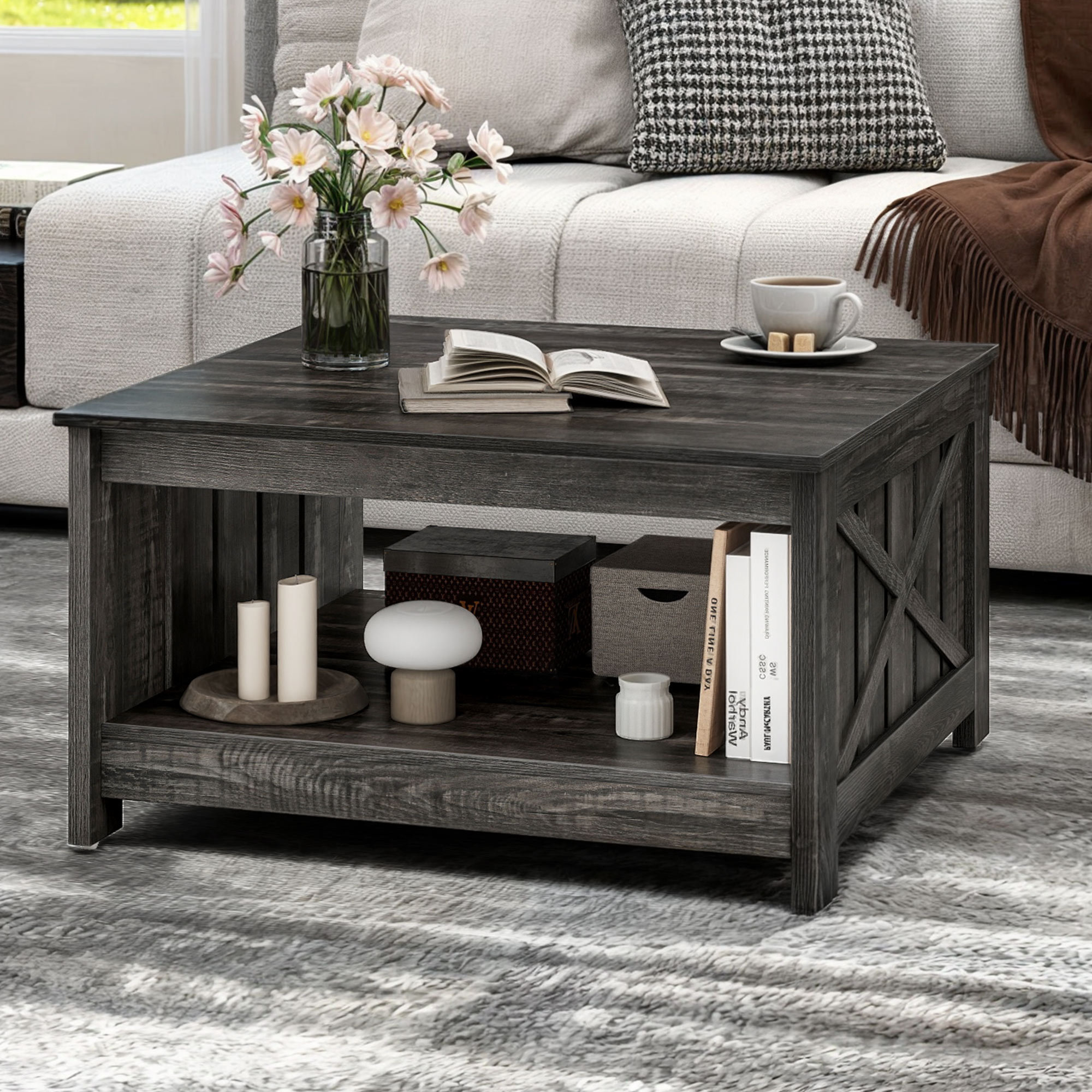 Vesely Farm House 4 Legs Coffee Table with Storage Laurel Foundry Modern Farmhouse Color Gray